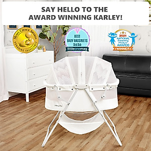 Dream On Me Karley Bassinet in Dove White, Lightweight Portable Baby Bassinet, Quick Fold and Easy to Carry, Adjustable Double Canopy, Indoor and Outdoor Bassinet with Large Storage Basket.