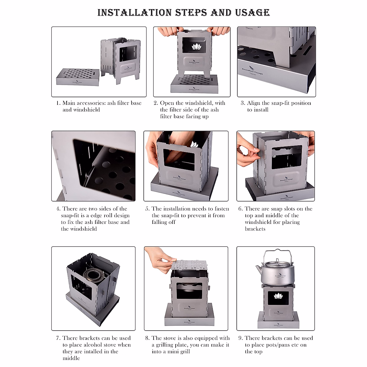 Boundless Voyage Titanium Folding Wood Stove Backpacking Stove with Pot Bracket Outdoor Camping Charcoal Burner Furnace Ti2010C