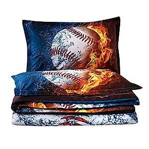 A Nice Night Baseball with Fire Print Comforter Quilt Set and Sherpa Fleece Blanket Twin Size Plush Throw Blanket Fuzzy Soft Blanket Microfiber