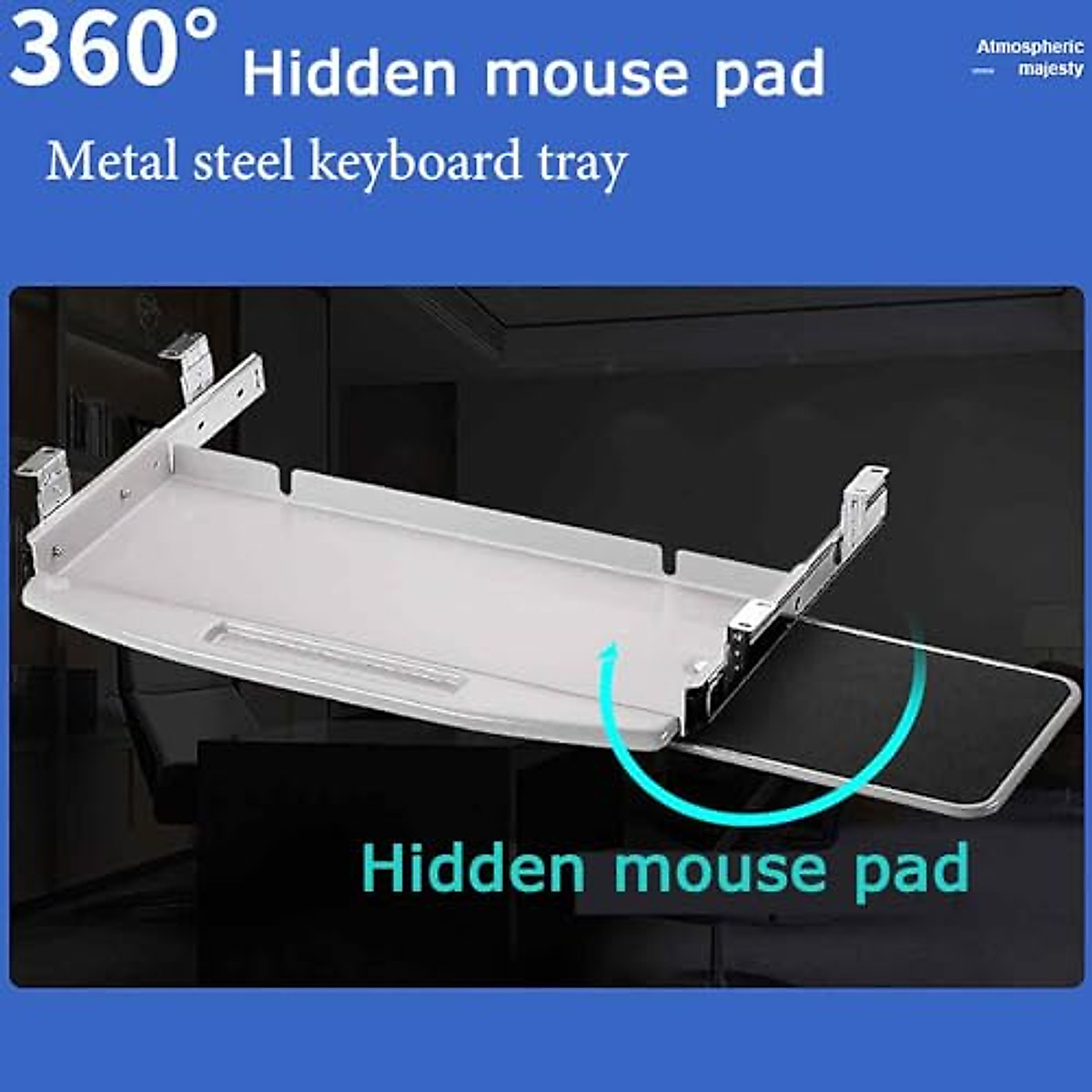 OM-PDD Slide Out Keyboard Tray Under Desk, 360° Hidden Mouse Pad, No Drill, Metal Steel Under Desk Tray, Silent, Smooth, Strong Load-Bearing, Strong and Stable