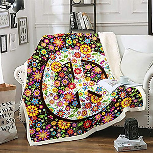 Peace Art Sherpa Blanket Hippie Peace Art Fleece Throw Blanket Colorful Flowers Print Plush Blanket for Sofa Couch Bed Bedroom Decor Floral Peace Sign Artwork Bedspread Cove Throw 50x60 Inch