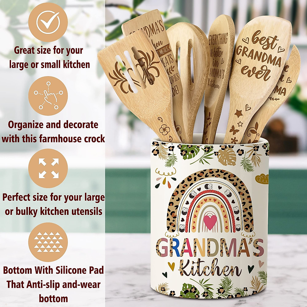 Rabbitable Gifts for Grandma, Ceramic Utensil Holder for Cooking with Wooden Spoons Mothers Day Gifts for Grandma, Grandma Mothers Day Gift Cooking Tools Kitchen Utensils Set with Wooden Spoons for 6