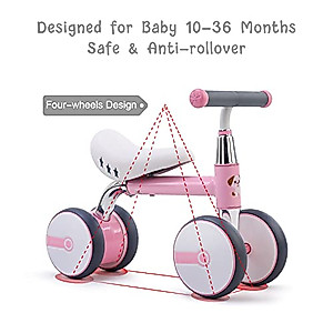 Baby Balance Bike Children Walker 36 Months Baby Bicycle No Padel Infant 4 Wheels Riding Toys for 3 Year Old Boys Girls (Pink)