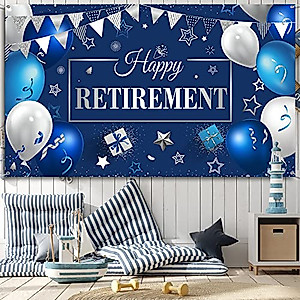 Happy Retirement Party Decorations, Extra Large Fabric Happy Retirement Sign Banner Photo Booth Backdrop Background with Rope for Retirement Party Favor (Blue and Silver,72.8 x 43.3 inches)