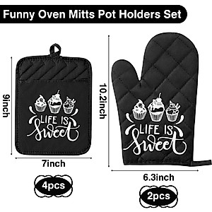 GROBRO7 6Pcs Cotton Oven Mitts and Pot Holders Set Life is Sweet Resistant Pocket Potholder Machine Washable Microwave Gloves with Hanging Loop Hot Pads for Daily Kitchen Baking Cooking Grilling Black