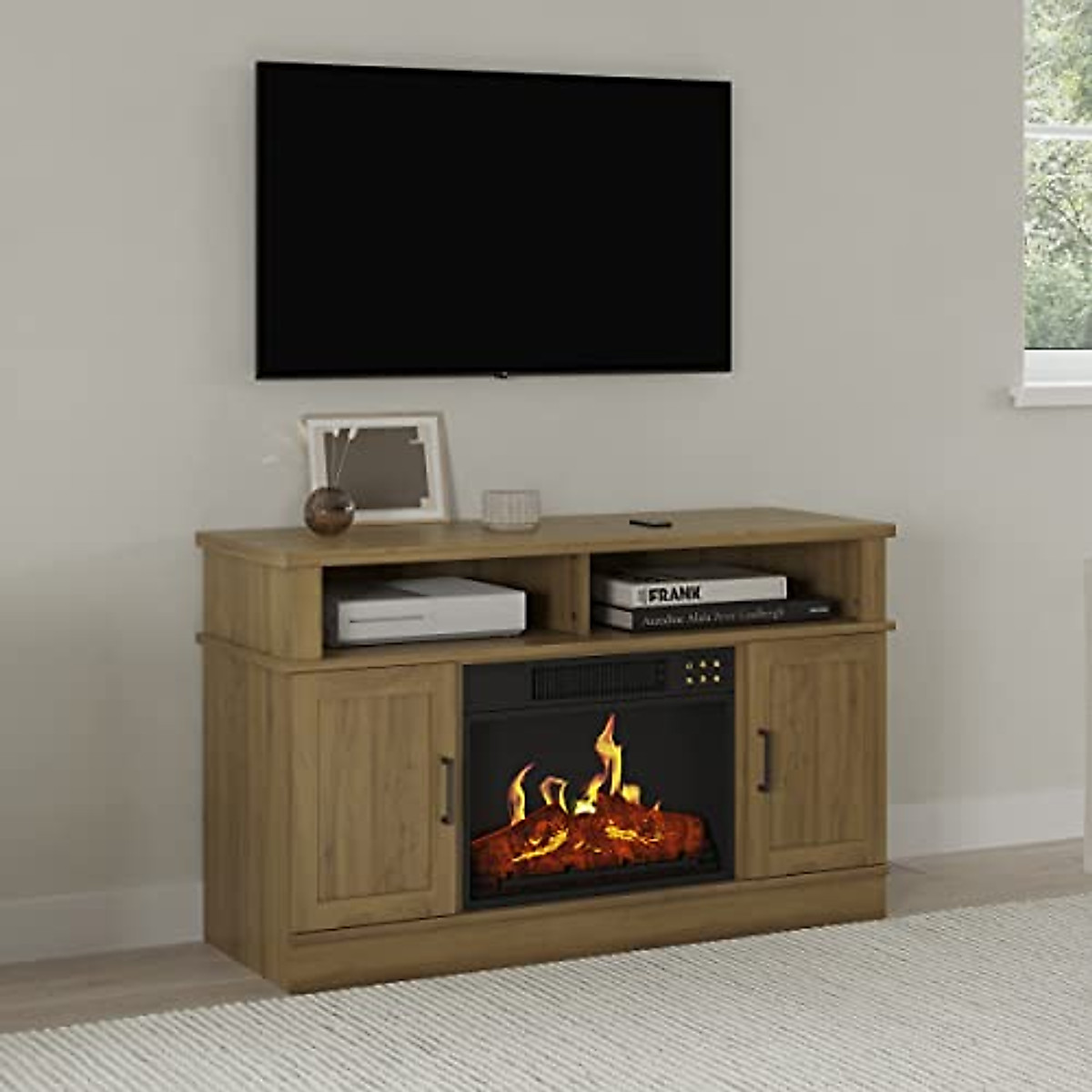 TV Stand with Electric Fireplace - Media Console with Storage Cabinet, Remote Control, Adjustable Heat, and LED Flames by Northwest (Brown)