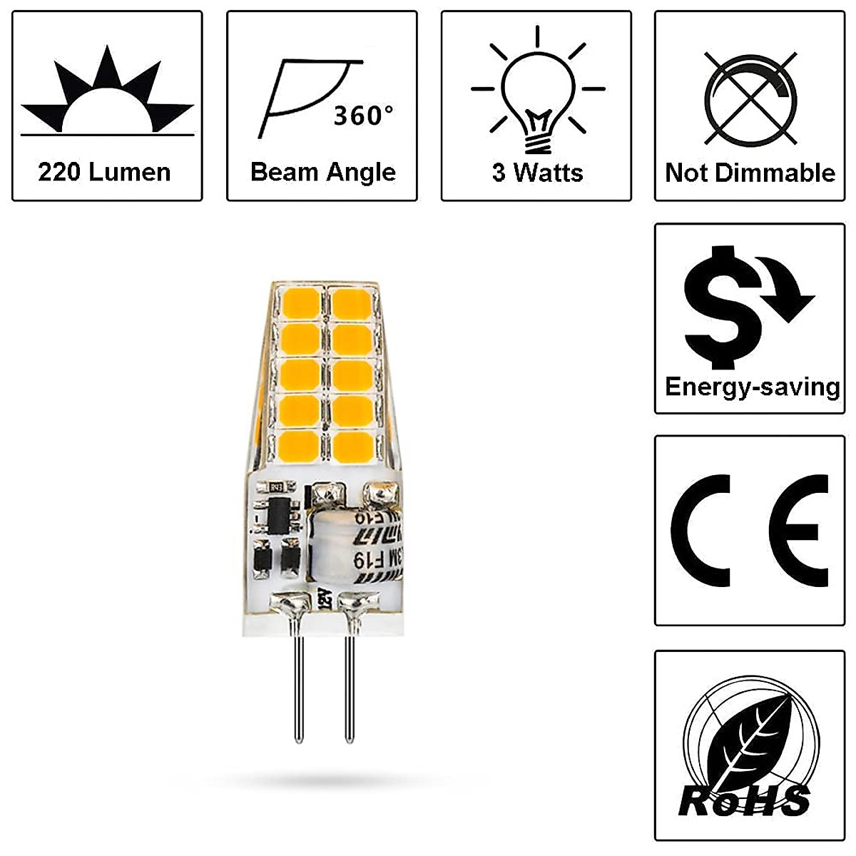 Yosenmi G4 LED Bulb 3W, 12V 20W G4 Halogen Bulb Equivalent, Warm White 3000K, Not Dimmable JC G4 Bi-Pin Base Light Bulb, 10-Pack