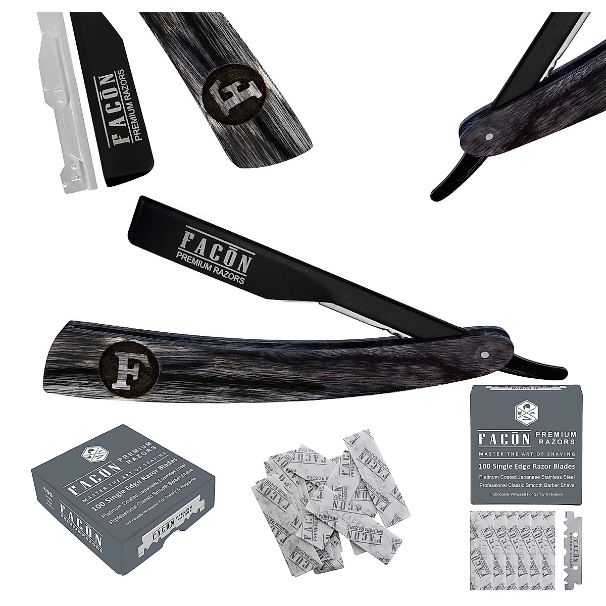 100 BLADES + Facón Professional Wooden Straight Edge Barber Razor - Salon Quality Cut Throat Shavette