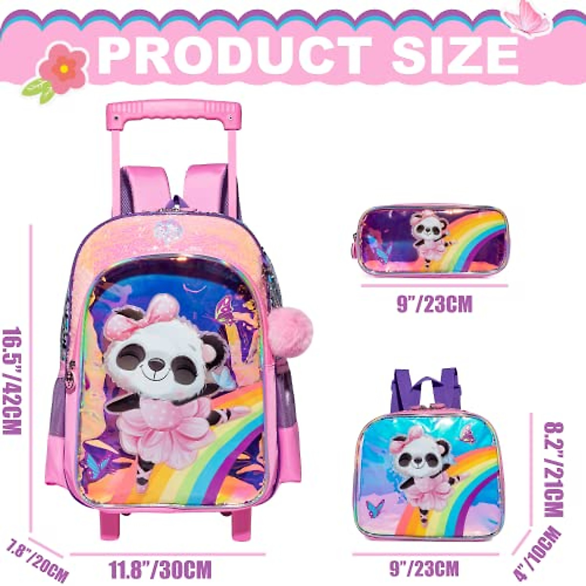 ZBAOGTW Panda Rolling Backpack for Girls with Lunch Box Kids Backpack with Wheels for School Sequin Trolley Trip Luggage Rolling Backpack for Kindergarten Girls Elementary School