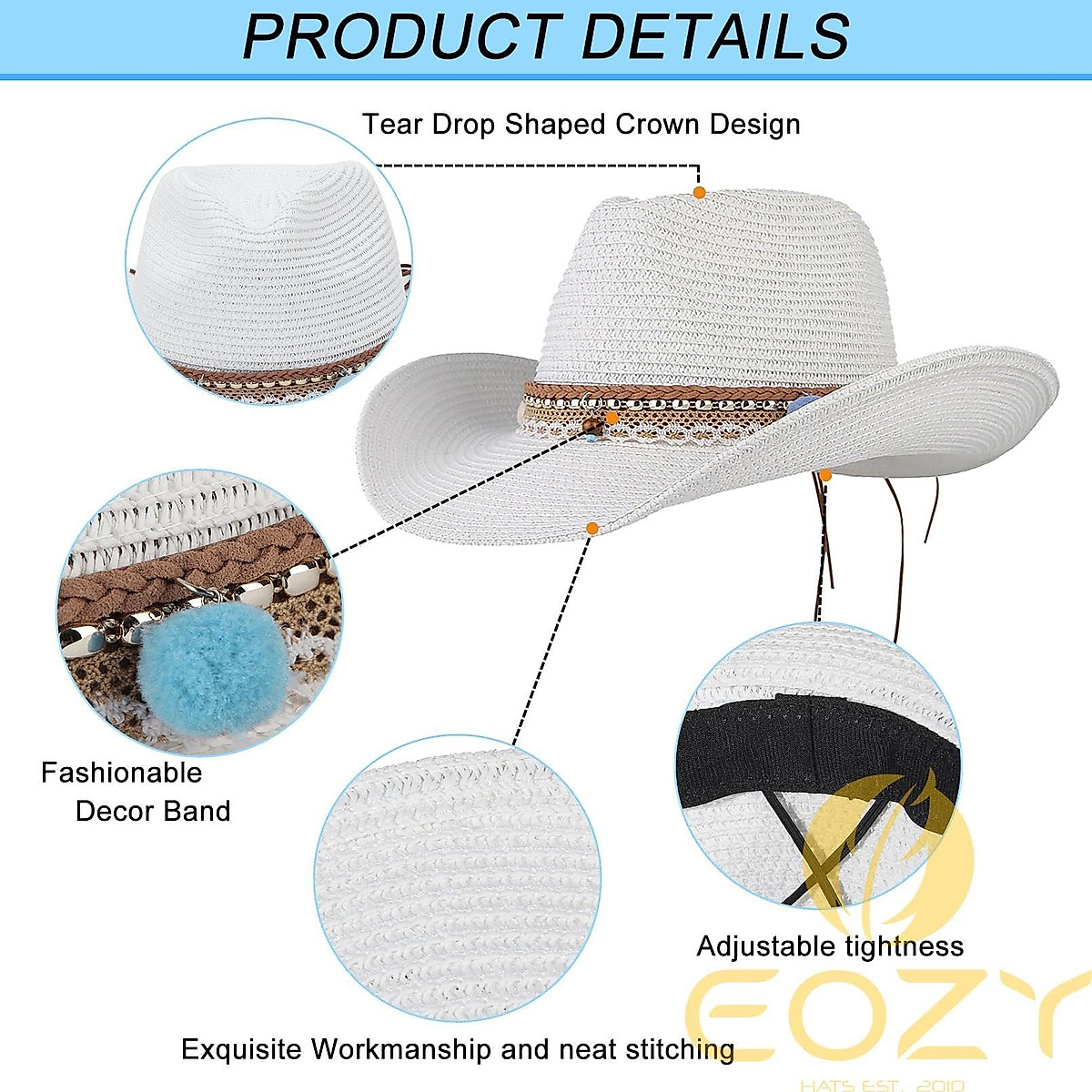 Straw Cowboy Hat for Women Men Girls Roll up Wide Brim Western Cowgirl Summer Beach Sun Hats White