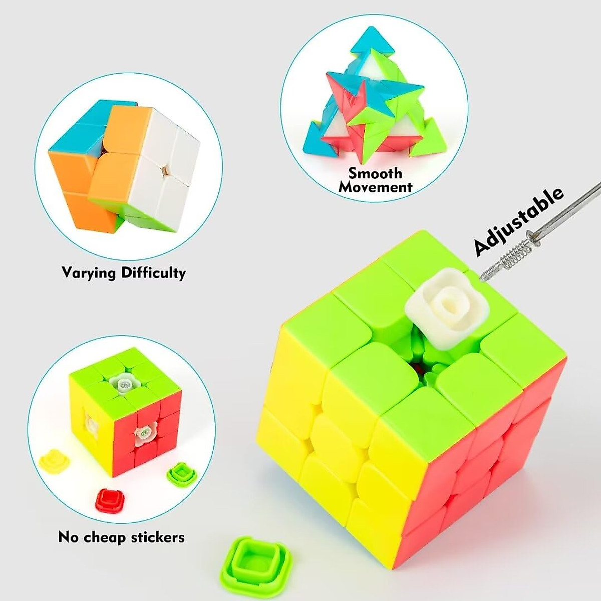 Speed Cube Set, Jurnwey Stickerless Magic Cube Set of 2x2x2 3x3x3 Pyramid Frosted Puzzle Cube