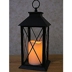 Black Decorative LED Lantern with Cross Bar Design - Pillar Candle with 5 Hour Timer Included - Hanging or Sitting Decoration - Set of 2 - 13"H