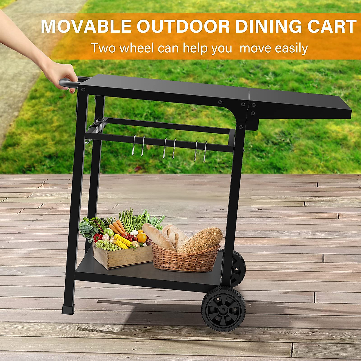 Blomed Dining Cart Table with Double-Shelf, Grill Cart with Wheels, Movable Steel Flattop Worktable, 6 Hooks, Side Handle, BBQ Cart Pizza Oven Stand