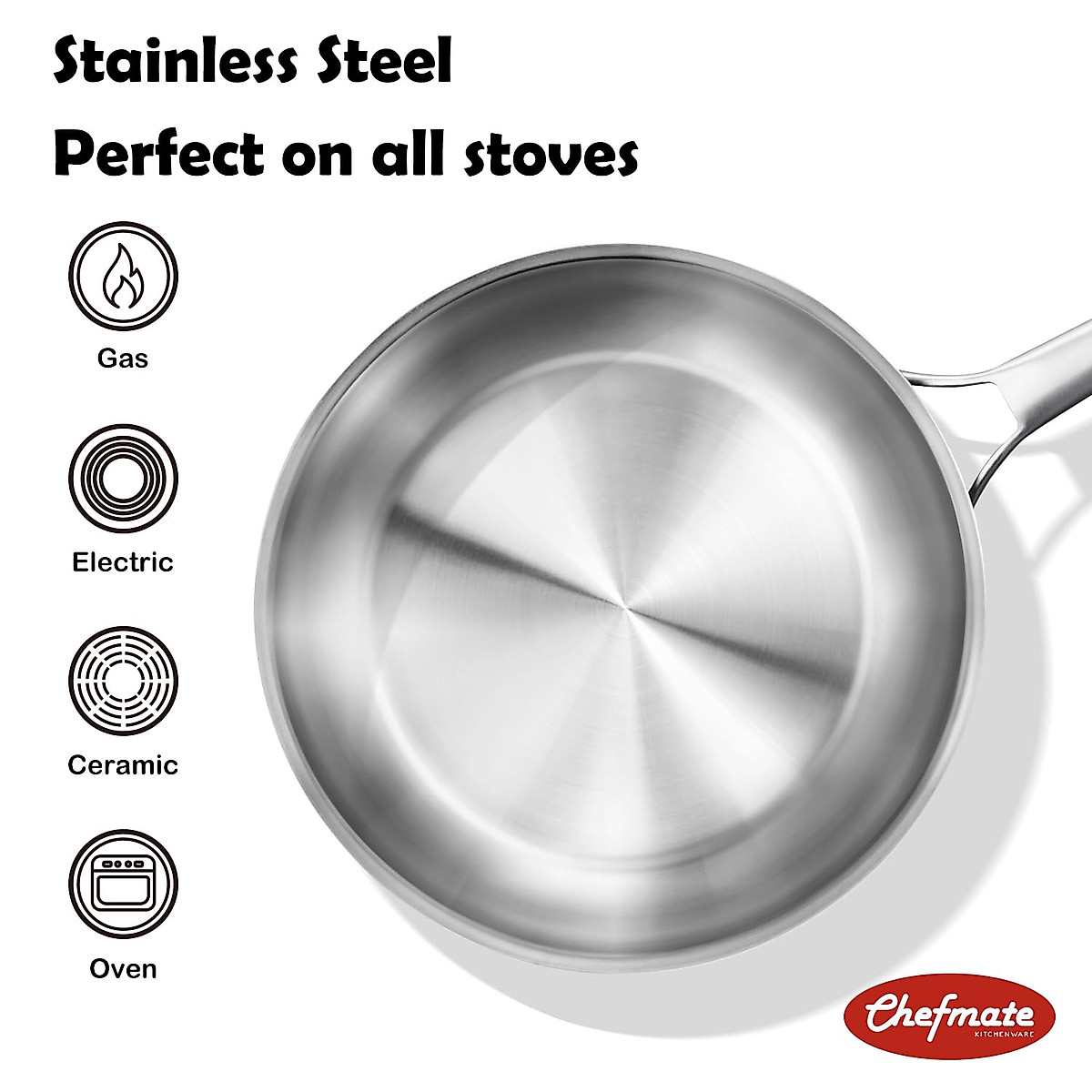 12 inch Tri-Ply Stainless Steel Pan,PFOA&PTFE Free Skillets,Chef's Pans,Dishwasher and Oven Safe Cookware, Works on Induction,Ceramic and Gas Cooktops