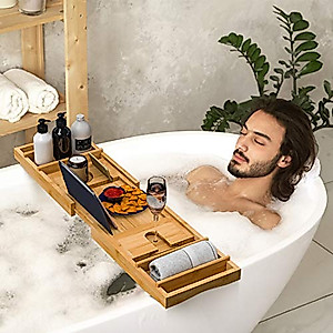 Bath Caddy Tray for Bathtub - Bamboo Adjustable Organizer Tray for Bathroom with Free Soap Dish Suitable for Luxury Spa or Reading