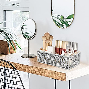 Macrame Storage Basket Boho Decor Bathroom Baskets for Organizing, Toilet Tank Basket for Bathroom Woven Decor Basket with Handle Bedroom Nursery Living Room Entryway (Grey)