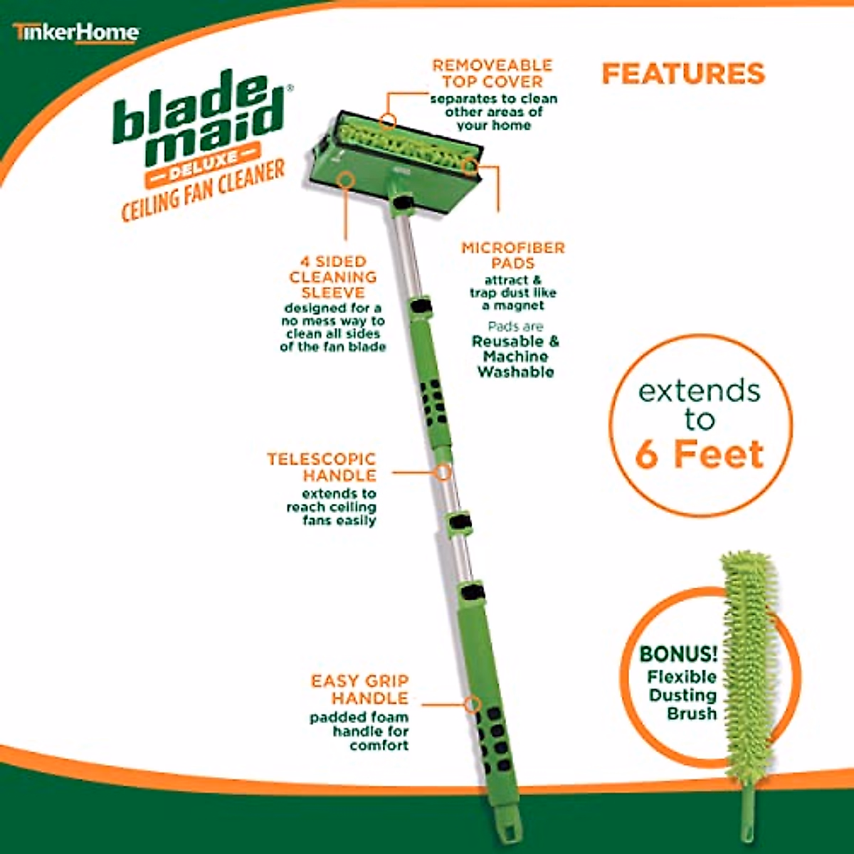 Blade Maid Deluxe Ceiling Fan Cleaner- Cleaning Tool with 6 Foot Extendable Pole, Cleaning Head, Reusable Fiber Duster, & Flexible Dusting Brush