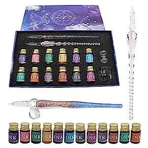 XIAOYU Glass Dip Pen Set, 16 Pieces Calligraphy Pen Set Includes 2 Crystal Glass Pens, 12 Colors Ink, Cleaning Cup, Pen Holder, Pink