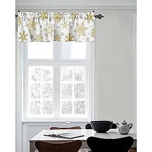 Winter Snowflake Kitchen Curtain Valance for Window Gold Grey Geometric on White 60x18In Rod Pocket Valances Short Curtains Window Treatment for Living Room Bathroom Bedroom Cafe Decor Wave Point