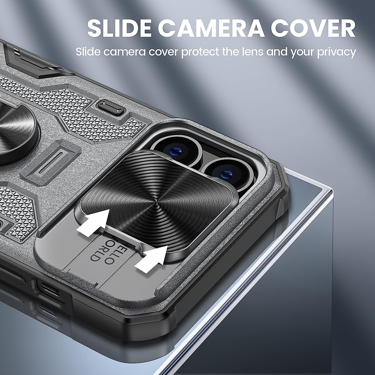 VEGO iPhone 14 Pro Max Case with Slide Camera Cover, Built-in 360 Rotate Ring Kickstand, Magnetic Protective Cover, Grey