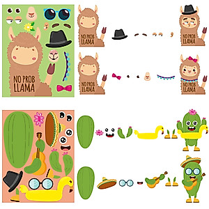 WATINC 36PCS Make Your Own Llama Cactus Stickers, Make a Face Animal Sticker Craft Game, DIY Art Cards Good Gift for School, Kids Goodie Bag Filler Reward Fiesta Mexican Alpaca Party Favor Supplies
