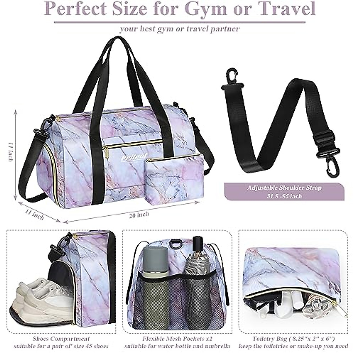Pritent Gym Bag for Women with Shoe Compartment, Sport Gym Tote Bags Waterproof Travel Duffle Carry on Weekender Overnight Bag for Hospital Yoga Beach Maternity Mommy 20inch Pink Marble