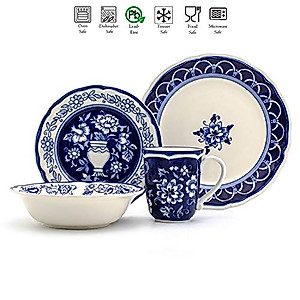 Euro Ceramica Blue Garden 16 Piece Oven Safe Hand Painted Stoneware Dinnerware Set, Service for 4, Bold Vase Design/Floral Pattern, White and blue