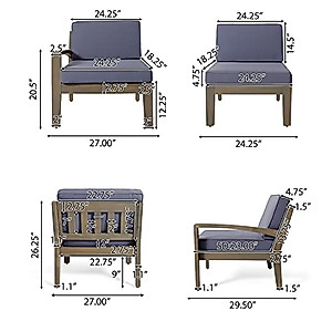 Christopher Knight Home Grenada Sectional Sofa Set | 5-Piece 3-Seater | Includes Coffee Table and Ottoman | Acacia Wood Frame | Water-Resistant Cushions Dark Gray, Finish