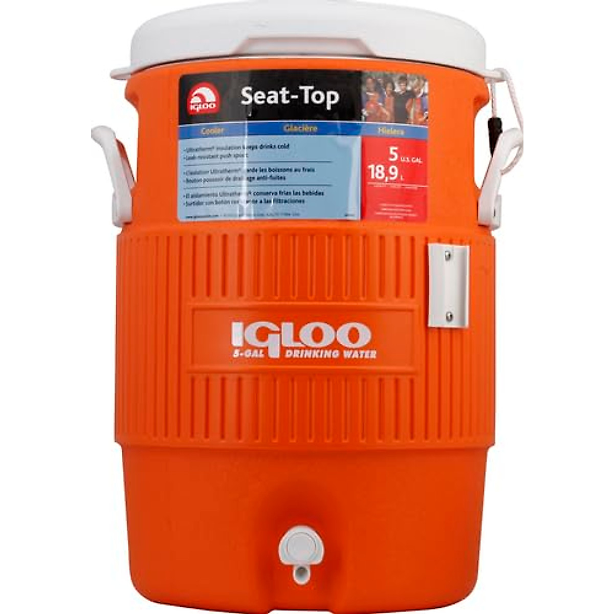 Igloo 5 Gallon Portable Sports Cooler Water Beverage Dispenser with Flat Seat Lid, Insulated Beverage Dispenser, Orange/White