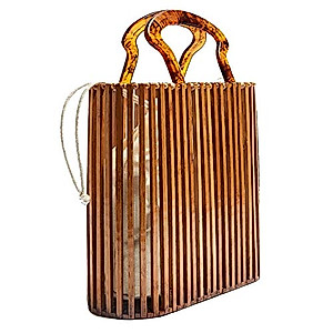 Womens Fashion Bamboo Bag with Acrylic Handle Bucket Bag Summer Beach Clutch Purse Handbags