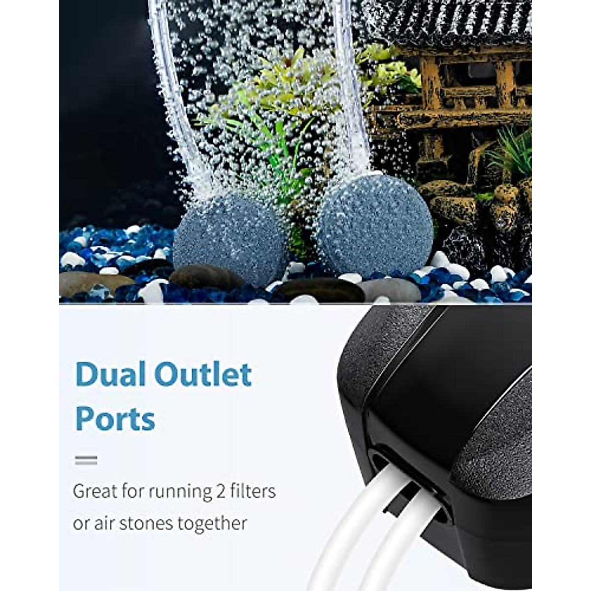 Uniclife 64 GPH Aquarium Air Pump with Dual Outlets Adjustable Quiet Fish Tank Air Pump with Air Stone Airline Tubing Check Valve and Connector Accessories for 10-100 Gallon Fish Tank