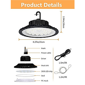 LED High Bay Light, 100W 12000LM UFO LED High Bay Lights with US Plug 5' Cable, 6500K Super Bright LED Shop Lights, IP65 Warehouse Light, Area Light Fixture Shop Light for Garage Warehouse Workshop