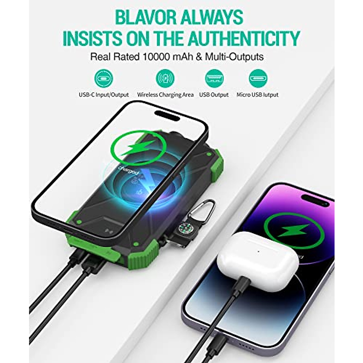 BLAVOR Solar Charger Power Bank, Qi Wireless Charger 10,000mAh External Battery Pack Type C Input Output Dual Super Bright Flashlight, Compass Carabiner, Solar Panel Charging(Dark Green)