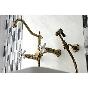 Kingston Brass KS1248PXBS Heritage Wall Mount Bridge Kitchen Faucet Sprayer, Antique Brass