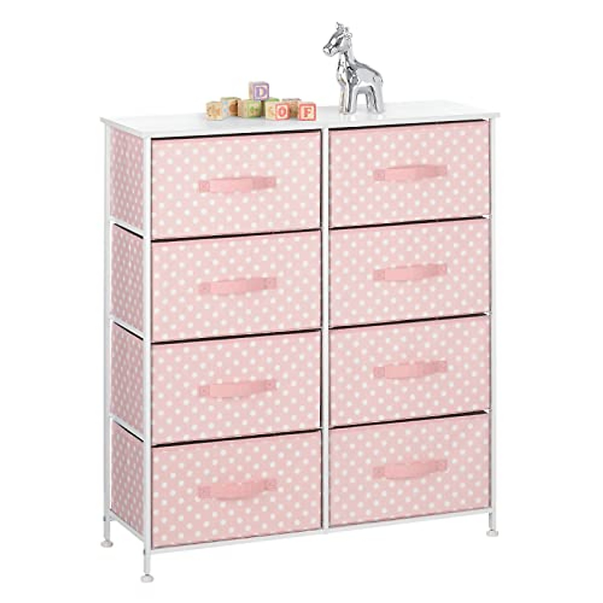 mDesign 38.31" High Steel Frame/Wood Top Storage Dresser Furniture, 8 Fabric Drawers, Large Bureau Organizer for Baby, Kid, Teen Bedroom, Nursery, Playroom, Dorm, Pink/White Polka Dot