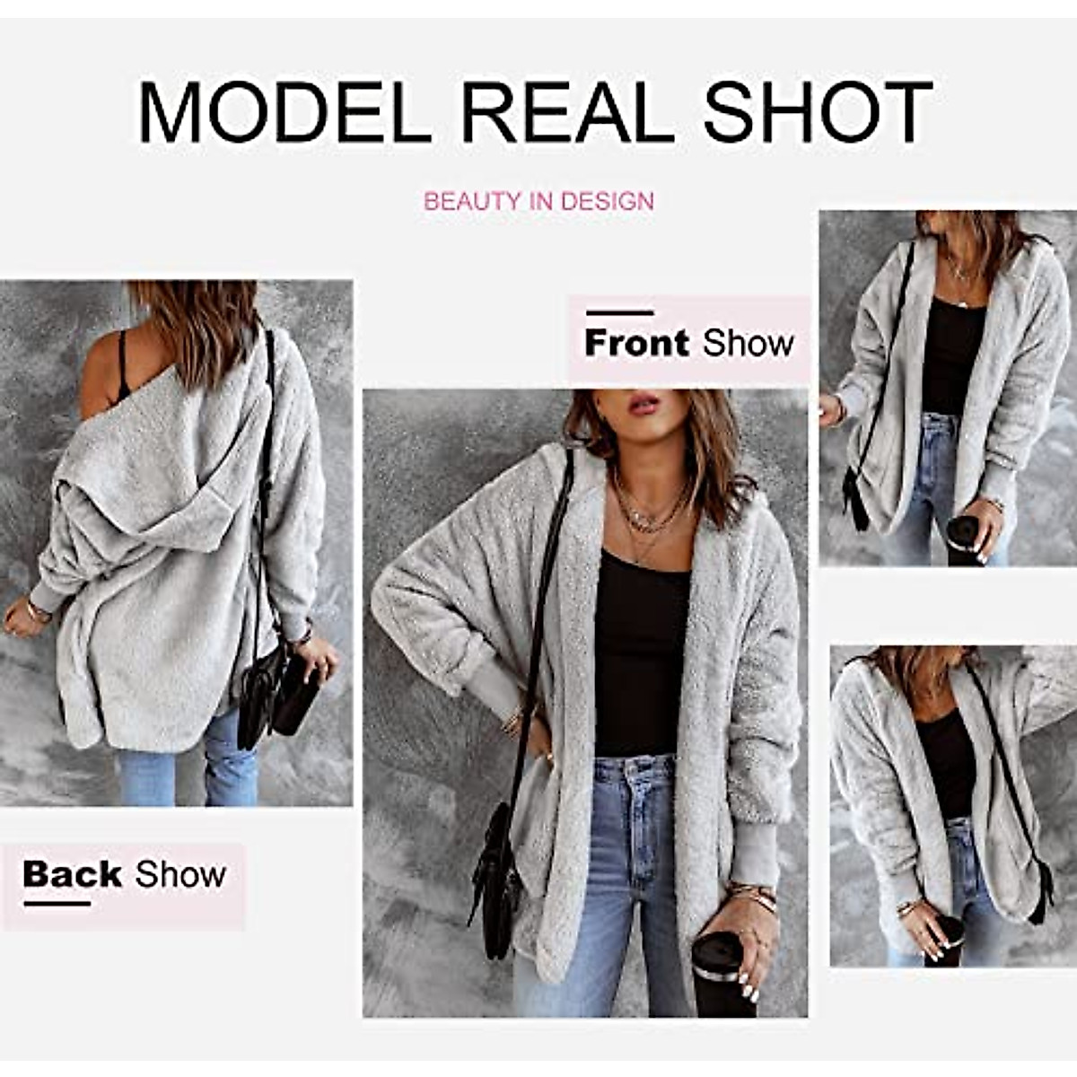 Dokotoo Grey Loose Oversized Fuzzy Fluffy Sherpa Winter Fleece Hoodies Cardigans Sweaters Jackets Coats Outerwear for Women Large