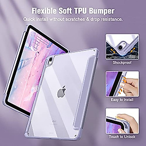 Fintie Hybrid Slim Case for iPad Air 5th Generation (2022) / iPad Air 4th Generation (2020) 10.9 Inch - [Built-in Pencil Holder] Shockproof Cover with Clear Transparent Back Shell, Lilac Purple