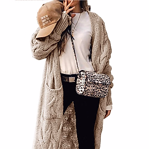 ZIWOCH Women's Long Cardigan Coats Cable Knit Casual Open Front Long Sleeve Loose Sweater with Pockets Beige