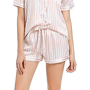 Serenedelicacy Women's Satin Pajama Set 2-Piece Sleepwear Loungewear Button Down Short Sleeve PJ Set (Medium, Light Pink/Ivory, Stripe)