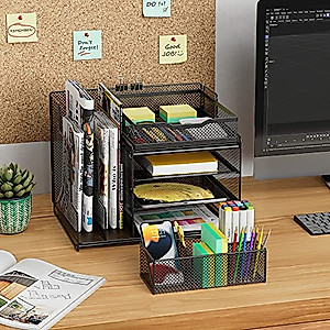 Egepon Office Desk Organizer with Upright File Holder, 4-Tier Mesh Letter Paper Tray Organizer with Multi-Functional Pen Holder and Sliding Drawer Office Supplies for Home Office School