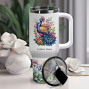 40oz Custom Peafowl Lover Tumbler – Personalized Stainless Steel Mug with Handle and Straw – Cute Bird Gift for Girls Women on Christmas or Birthday Celebration 9Xm2RR