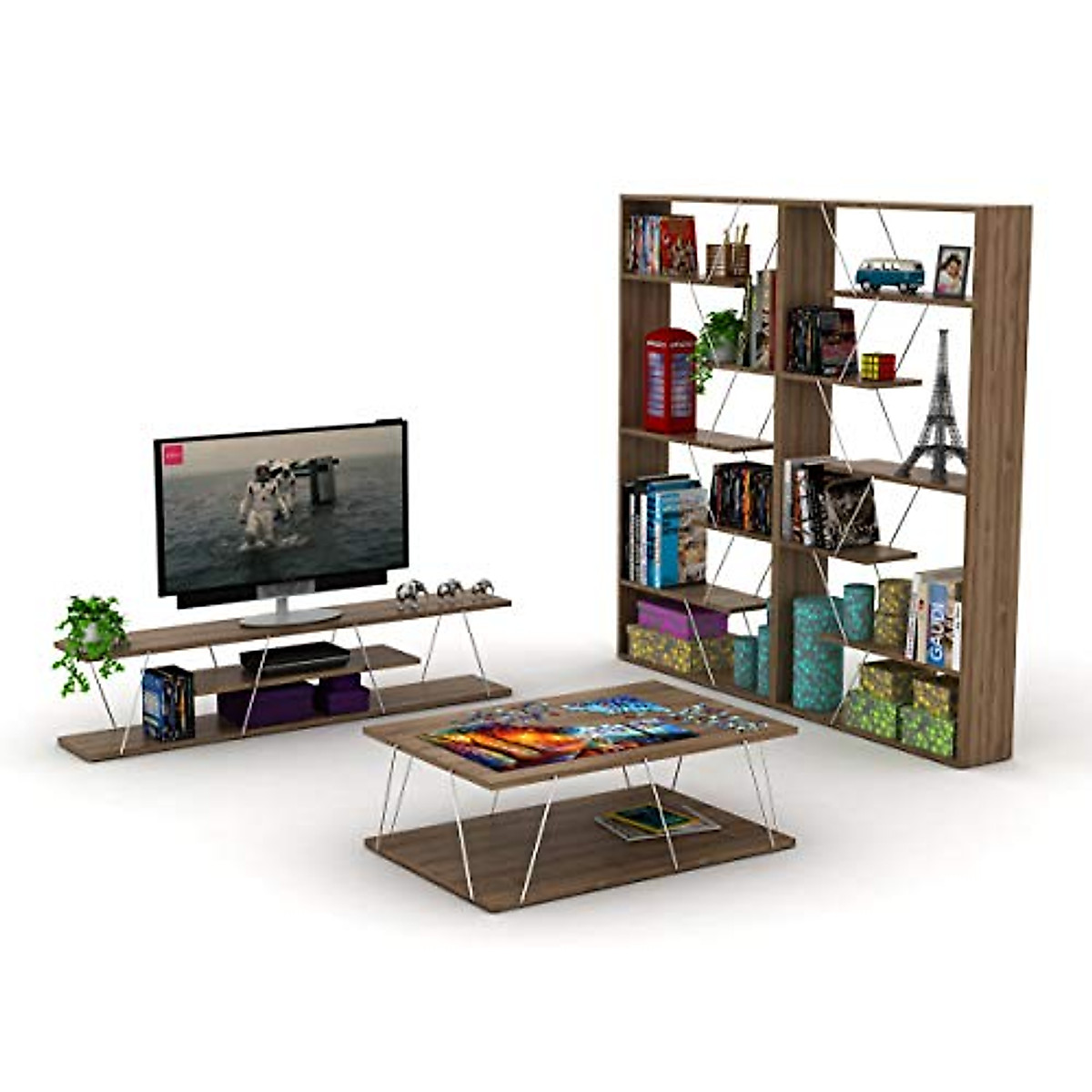 DSHADE Modern 6 Tier Book Shelf Solid Wood Tall Bookshelf Organizers Open Display Shelf Book Home Office Furniture Bookcase Open Display Shelf for Living Room Home Office (Walnut/Chrome)