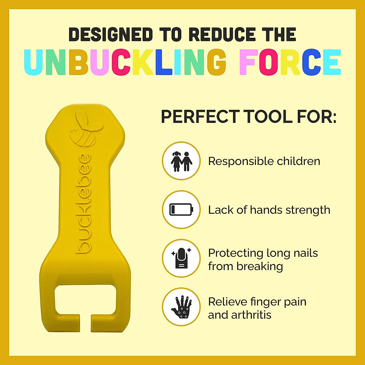 BUCKLEBEE Easy Car Seat Buckle Release Aid for Children Unbuckle Car Seat Release Tool - Car Seat Button Pusher - Car Seat Opener For Nails - Car Seat Buckle Release Tool (Yellow and Teal)