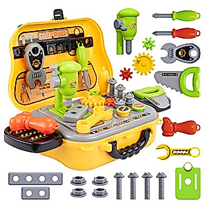 UNIH Kids Tool Sets for Boys Age 2-4 Childs Carpenter Preschool Fixing Tool Kit with Yellow Box, Toys for 2 Year Old Boy