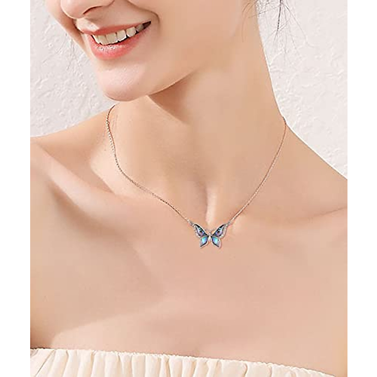 INFUSEU Small Butterfly Necklace Womens Abalone Pendant Jewelry 925 Sterling Silver