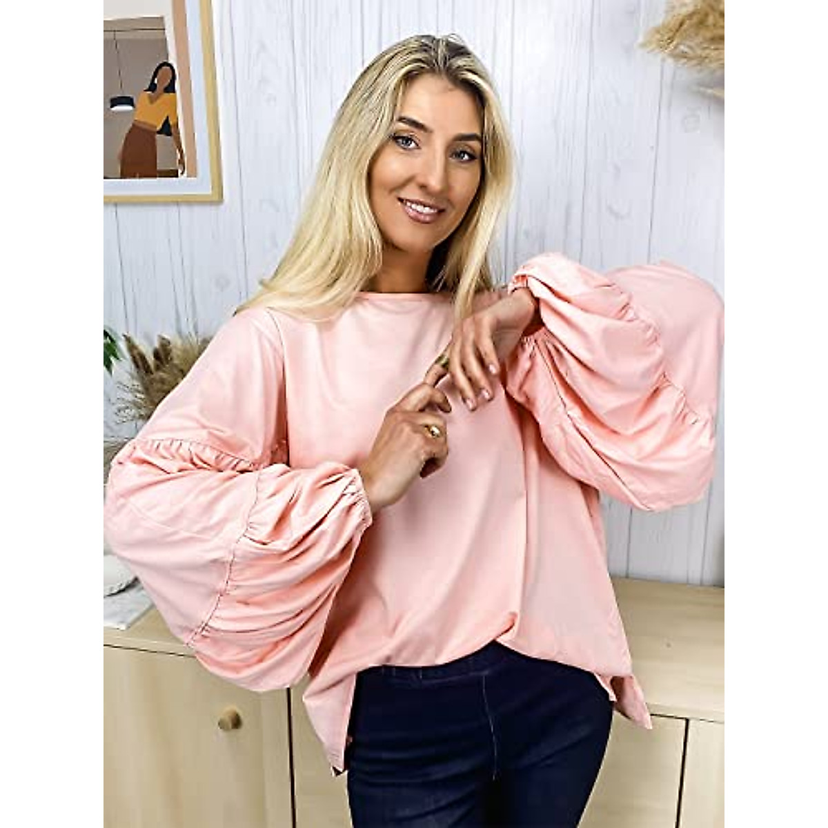 Anna-Kaci Womens Long Lantern Sleeve Soft Loose Baggy Tops T-Shirt Pullover, Rose, Small