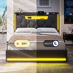 BYSAUD King Size Storage Bed Frame with Hidden Space and 2-Tier Shelves,King Bed Frame with Heaboard,King Size Bed Frame with LED Lights,Charging Station,No Box Spring Needed,Dark Gray,Linen Cloth