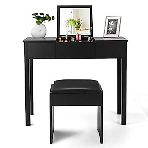 Giantex Vanity Set with Flip Top Mirror and Cushioned Stool, Makeup Dressing Table Writing Desk with 2 Drawers & 3 Removable Organizers, Makeup Table Set Easy Assembly, Black