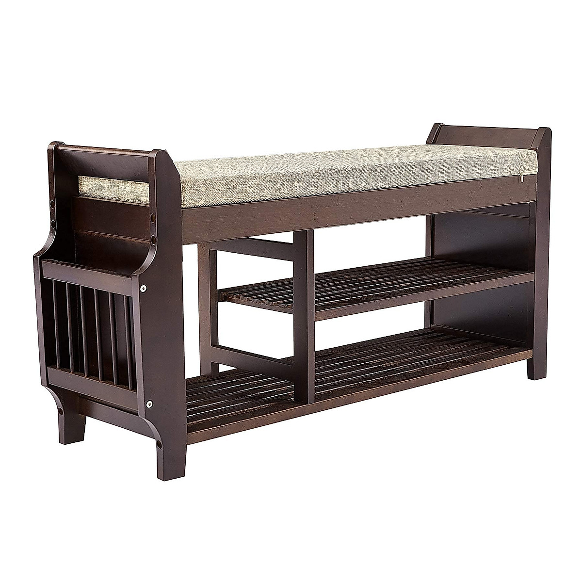 ZLELOUY Shoe Bench Shoe Rack Boot Organizer with baskets drawers For Hallway Entryway 2-Tier Bamboo Cushion Storage Shelf