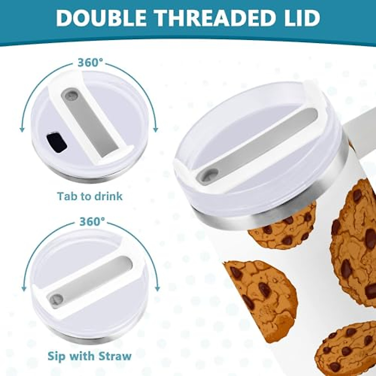 ARGTILDN 40 oz Tumbler Chocolate Chip Cookies Insulated Travel Mug with Handle and Straw Lid Stainless Steel Vacuum Coffee Cup Tea Beverage Container Water Bottles for Car Sports office